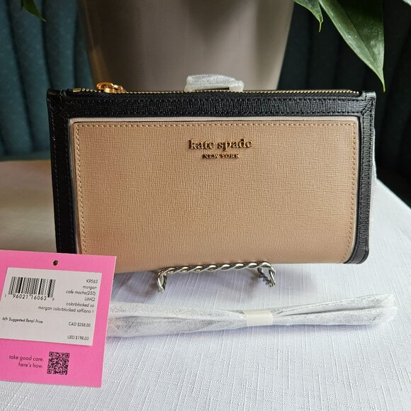kate spade | Bags | Kate Spade Nwt Wallet Saffiano Leather Tan Black ...